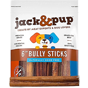 Jack&Pup Bundle - Bully Sticks + Pro-Digest Supplements | 6-Inch Odor Free [Standard Size] Bully Sticks (25 Pack) | Pro-Digest Probiotics for Dogs (60 Chews)…