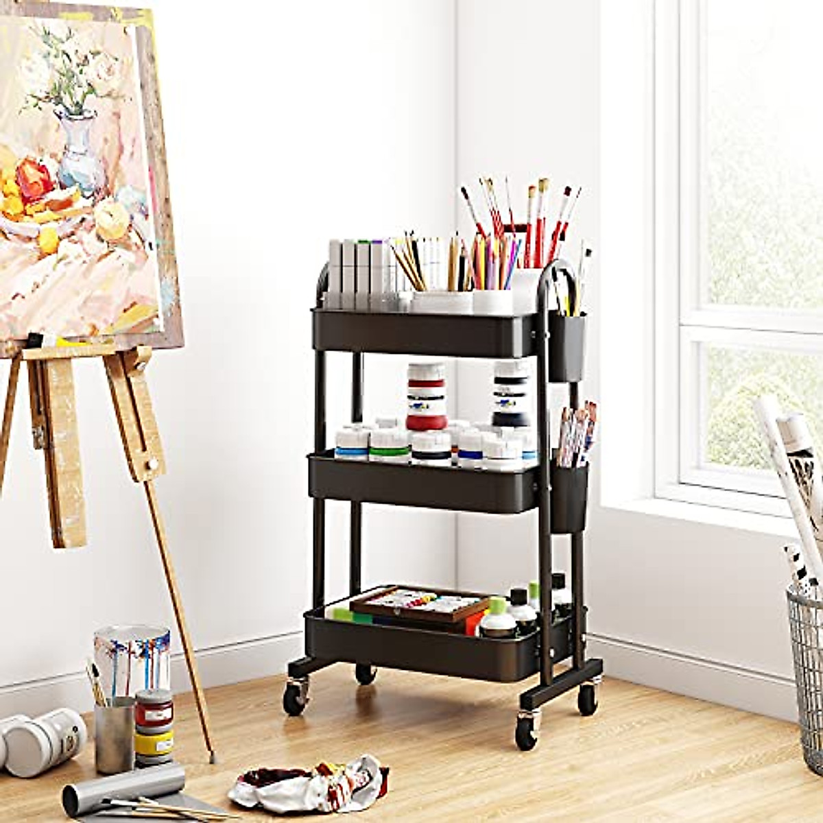 LEGUANG 3-Tier Rolling Utility Cart Storage Shelves Multifunction Storage Trolley Service Cart with Mesh Basket Handles and Wheels Easy Assembly for Bathroom, Kitchen, Office (Black)