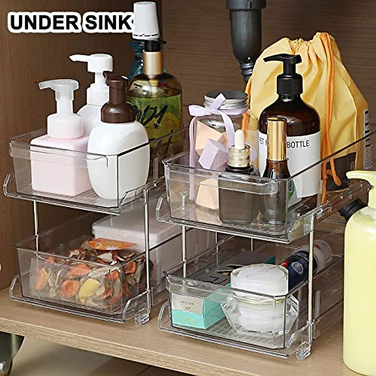 shopwithgreen 2 Tier Clear Organizers and Storage with Dividers, Pull Out Under Sink Organizer, Multi-Purpose Drawer Basket, Kitchen Bathroom Countertop Vanity, Medicine Cabinet Office Storage Bins