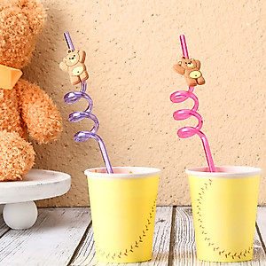24 Pieces Bear Party Favor Bear Party Straws Reusable Bear Straws Kids Bear Drinking Straw for Bear Baby Shower Birthday Party Supplies with 2 Cleaning Brushes