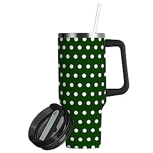 Flradish 40oz Tumbler with Handle, Polka Dots Hunter Green White Stainless Steel Tumbler with Lid and Straws Double Wall Vacuum Insulated Leakproof Coffee Travel Mug