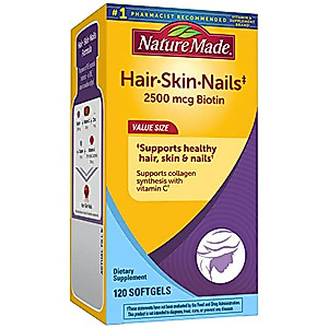 Nature Made Hair Skin and Nails with Biotin 2500 mcg, Dietary Supplement For Healthy Hair Skin and Nails Support, 120 Softgels, 120 Day Supply