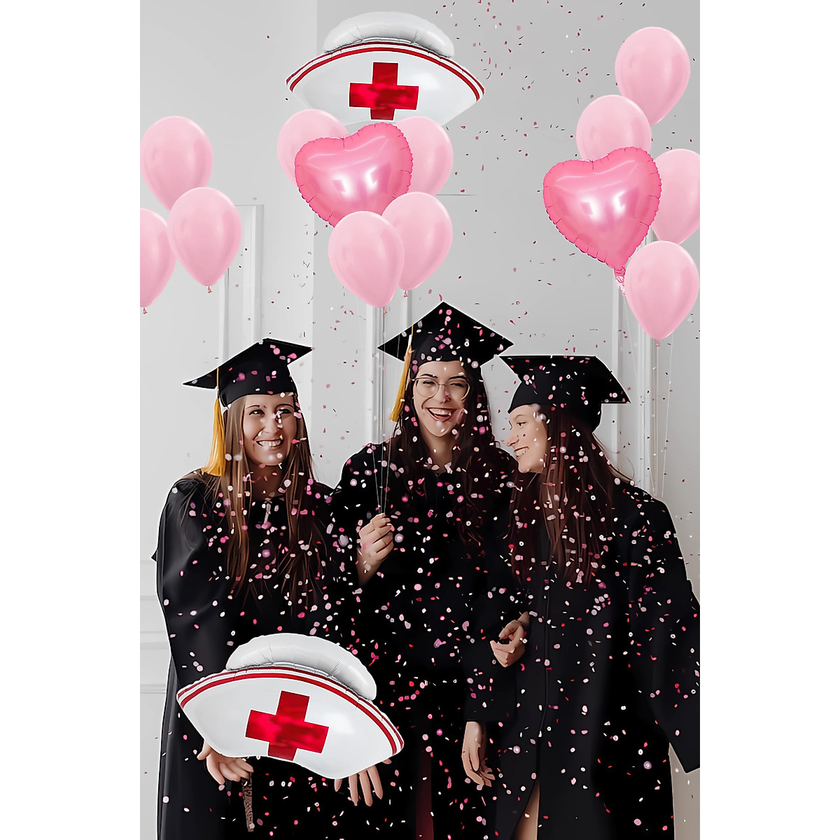 ScHaan 14pcs Nurse Cap & Heart Balloons, Nursing School Graduation Party Decorations, Reusable, Professional Design, Includes 10m Ribbon & Inflatable Straw