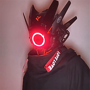 YYINYUAN Futuristic Cyberpunk Mask, Cyber Techwear Helmet Cosplay Costume, Black & Red Led Mask Face Mask Halloween Cosplay Mask for Men, Women (B-H-C-M)