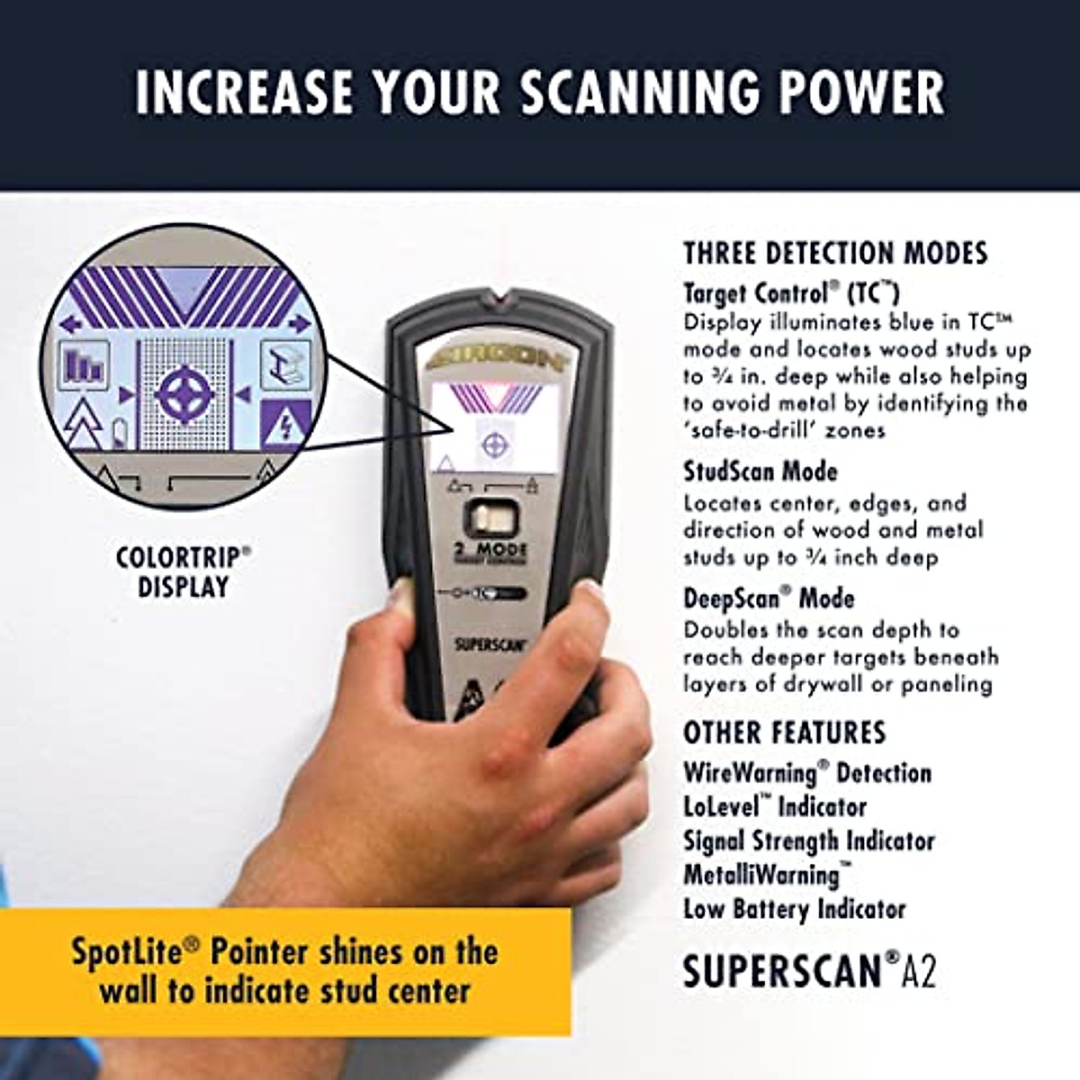 Zircon SuperScan A2 Advanced Stud Finder with 2 Mode Target Control, StudScan and DeepScan Mode