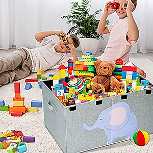 DECOSIS Collapsible Toy Storage Box with Animal Pattern, 86L Large Capacity Fabric Toy Box, Half Flap Design, Sturdy Toy Box for Girls and Boys, Playroom, Living Room, Bedroom (Elephant)