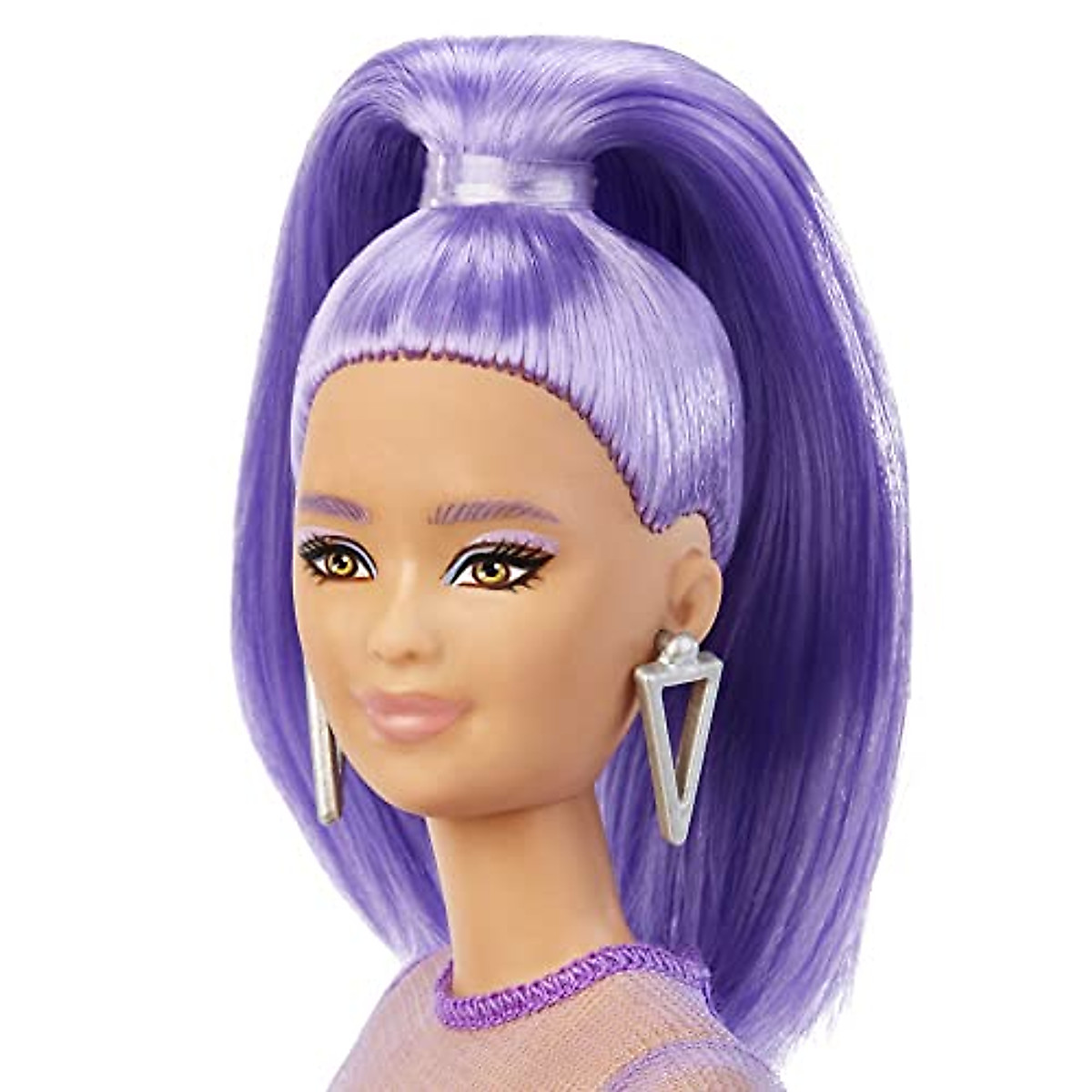 Barbie Fashionistas Doll, Petite, Long Purple Hair & Purple Metallic Dress, Sheer Bodice & Sleeves, Purple Sneakers, Toy for Kids 3 to 8 Years Old
