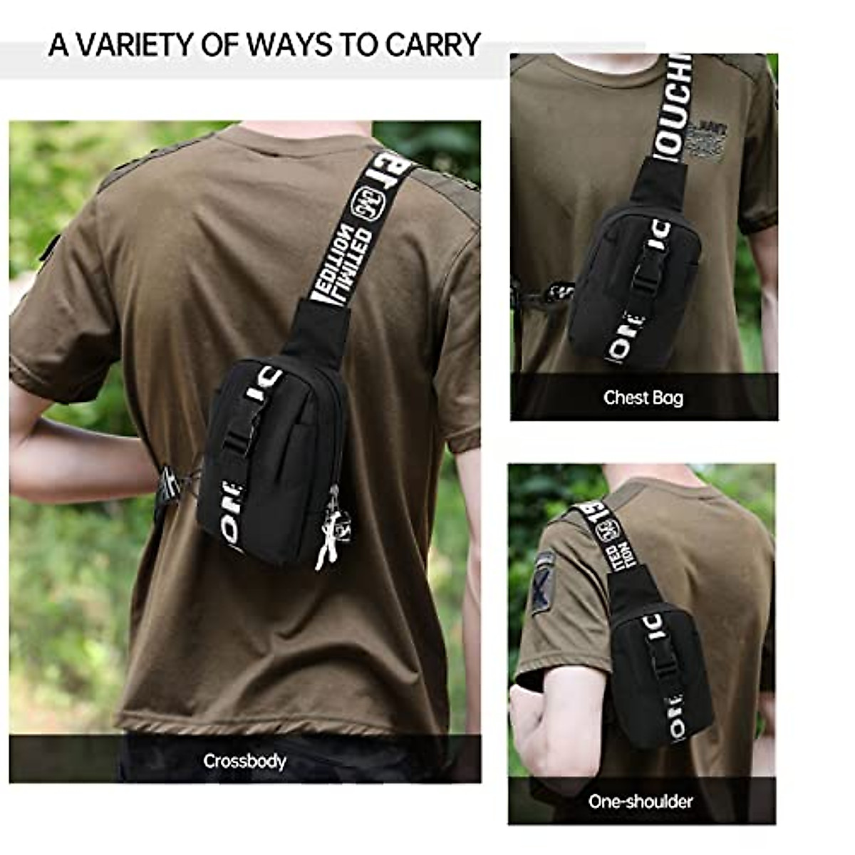 Long Keeper Small Sling Bag Crossbody Bag Men Lightweight Chest Backpack Shoulder Bags for Hiking Cycling Traveling Running (Black with White Letters Strap)