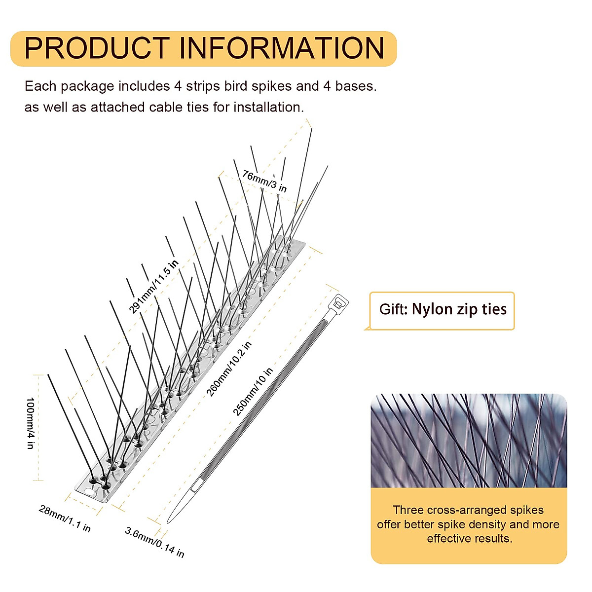 OFFO Bird Spikes with Stainless Steel Base, Durable Bird Repellent Spikes Arrow Pigeon Spikes Fence Kit for Deterring Small Bird, Crows and Woodpeckers, Covers 41 inches(104cm)