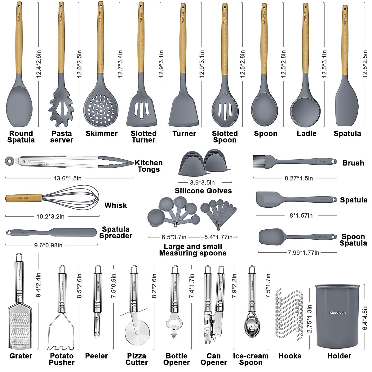 KESUPAIR Silicone Kitchen Utensils Set, 46 pcs Cooking Utensils Set-Silicone Spatula Set- Kitchen Gadgets and Tools with Holder-Wooden Handle Silicone Kitchen Utensil with Tongs,Grater (Drk Grey)