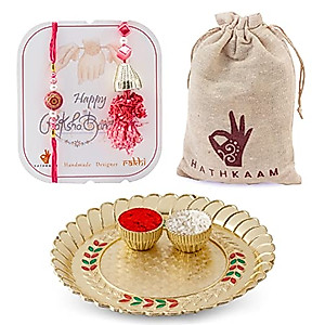 HATHKAAM 4 Pc Designer Lumba Rakhi for Brother and Bhabhi Set With Plate Traditional Rakhi Set for Brother and Bhabhi Decoration Thali Rakhi Lumba Set Platter , Two Vatis and 3 Pc Rakhi Set (HKRLP009A)