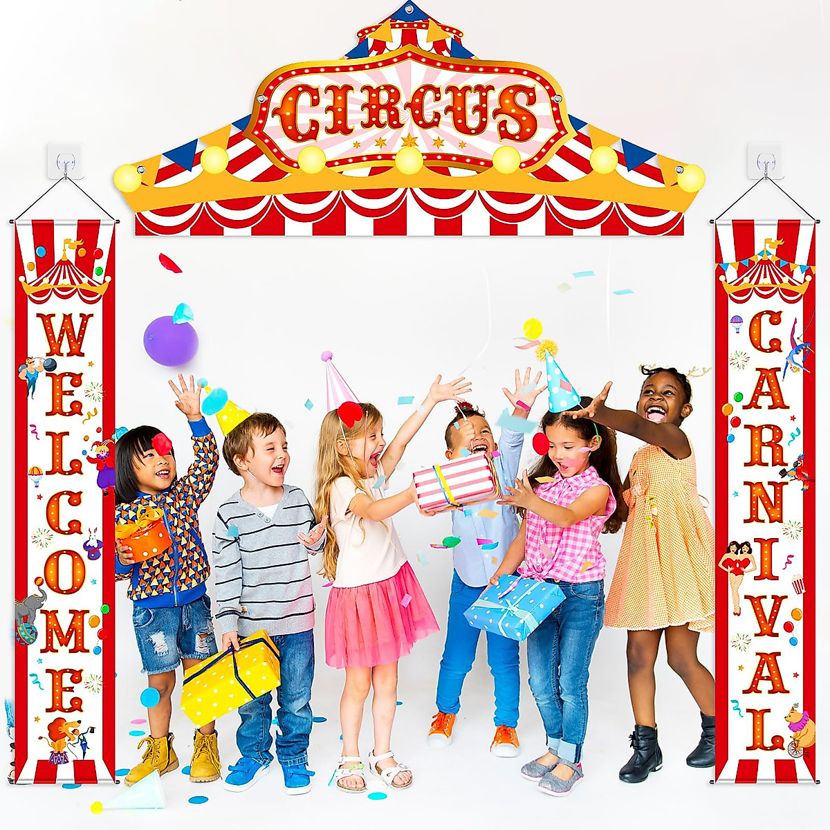 Blulu 3 Pcs Carnival Circus Porch Banner Decorations Circus Party Awning Hanging Banner Carnival Welcome Door Banner Set Carnival Circus Party Supplies for Circus Theme Birthday Decor