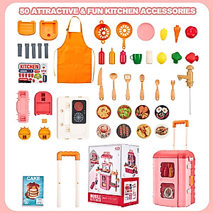 GEIYATOI Kitchen Playset, 3 in 1 Kitchen Pretend Play Toys Travel Suitcase, 49 PCS Realistic Cooking Accessories, Sounds, Lightnd, Running Water, Great Kitchen Toys for Toddlers Kids