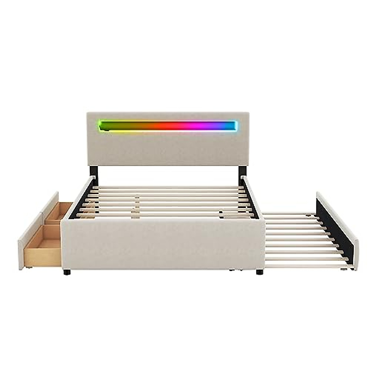 Linique Queen Size Upholstered Storage Platform Bed with Twin Size Trundle and 2 Drawers,Headboard with LED Light and USB Charging,Beige