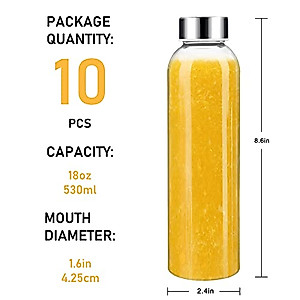 Sursip 18oz Glass Water Bottle Set of 10, Clear glass juice bottle for juicing，Reusable Drinking Bottles with Stainless Steel Lid，Beverage Storage Containers for Refrigerator-BPA Free，Leak Proof
