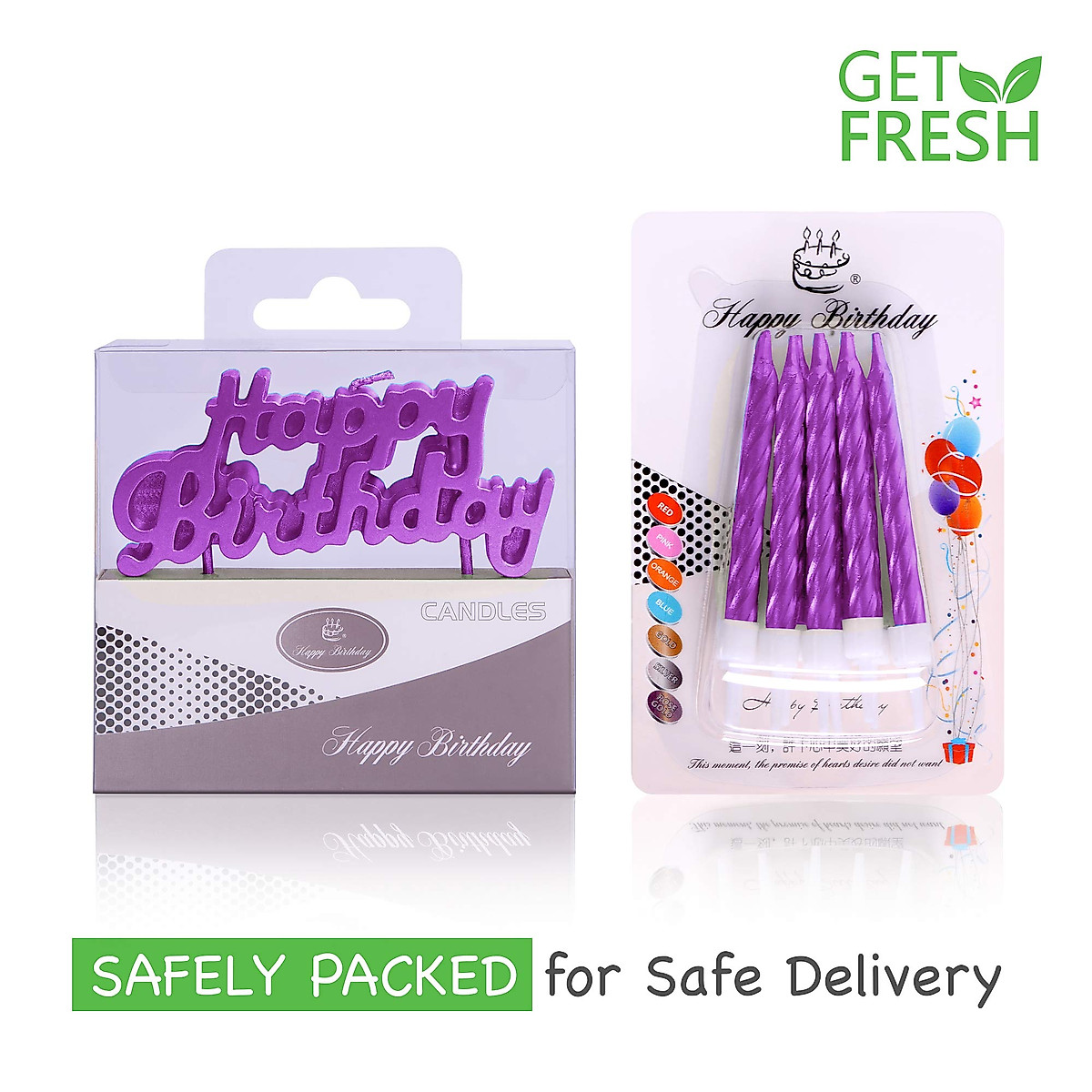 GET FRESH Purple Birthday Cake Candles Set – 10-Pack Spiral Metallic Candles and Happy Birthday Letter Candles Cake Topper – Glitter B-Day Candles and Cake Decoration Candles – Purple Birthday Candles