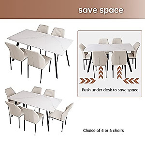 Zerifevni Dining Table Set for 6, Modern White Dining Table Sintered Stone Rectangula Table & 6 Dining Chairs (1 Table 6 Beige Chairs)