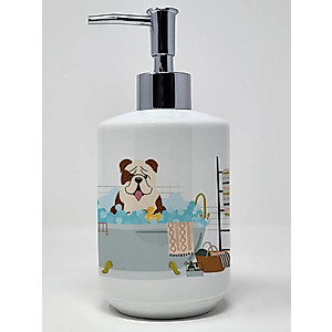 Caroline's Treasures WDK5818SOAP Brindle White English Bulldog in Bathtub Ceramic Soap Dispenser Hand Soap Dispenser Pump Bottles for Bathroom Kitchen, Empty Refillable Liquid Soap Container