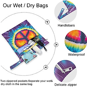 visesunny Abstract Peace Sign Design Tie Dye 2Pcs Wet Bag with Zippered Pockets Washable Reusable Roomy Diaper Bag for Travel,Beach,Daycare,Stroller,Diapers,Dirty Gym Clothes,Wet Swimsuits,Toiletries