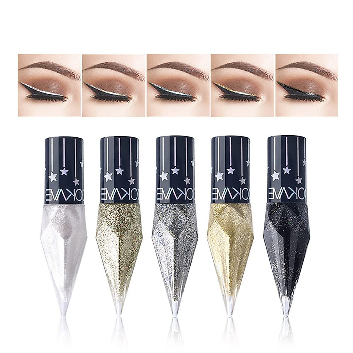 Go Ho Glitter Liquid Eyeliner Colorful Set,5 Colors Metallic Shimmer White Black Silver Gold Diamond Eyeliner,Glitter Eyeliner Sticks,Waterproof Eyeliner,Long Lasting Sparkle Eye Makeup