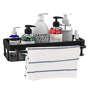 Misounda Shower Caddy Adhesive Shower Organizer Wall Mounted Shower Shelves with Towel Bar No Drilling Bathroom Organizer Shower Storage for Dorm Bathroom Toilet Kitchen-Black