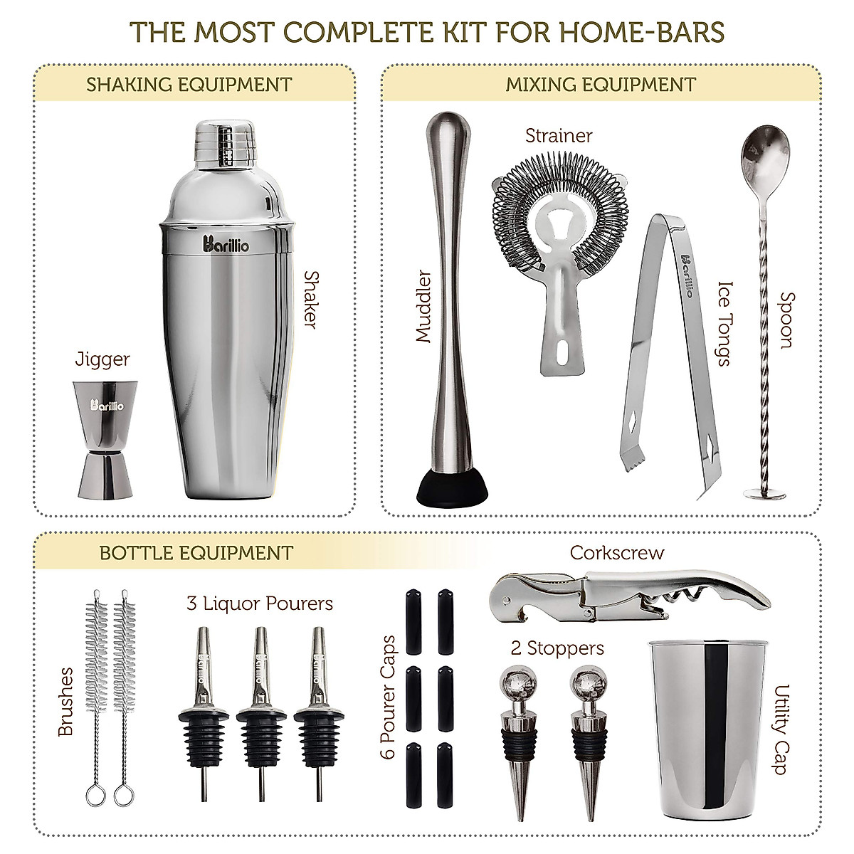 Elite 23-Piece Bartender Kit Cocktail Shaker Set Bundle With 20 Oz Crystal Cocktail Mixing Glass | Stainless Steel Bar Tools With Sleek Bamboo Stand & Seamless Mixing Pitcher for Stirred Cocktail