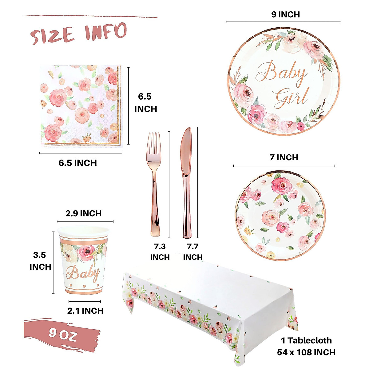 Rose Gold Baby Shower Plates and Napkins Girl - Serves 16 - Includes Baby Girl Plates Cups Napkins Knifes Forks Floral Baby Shower Decorations for Girl Baby Shower Favor Decor Party Supplies