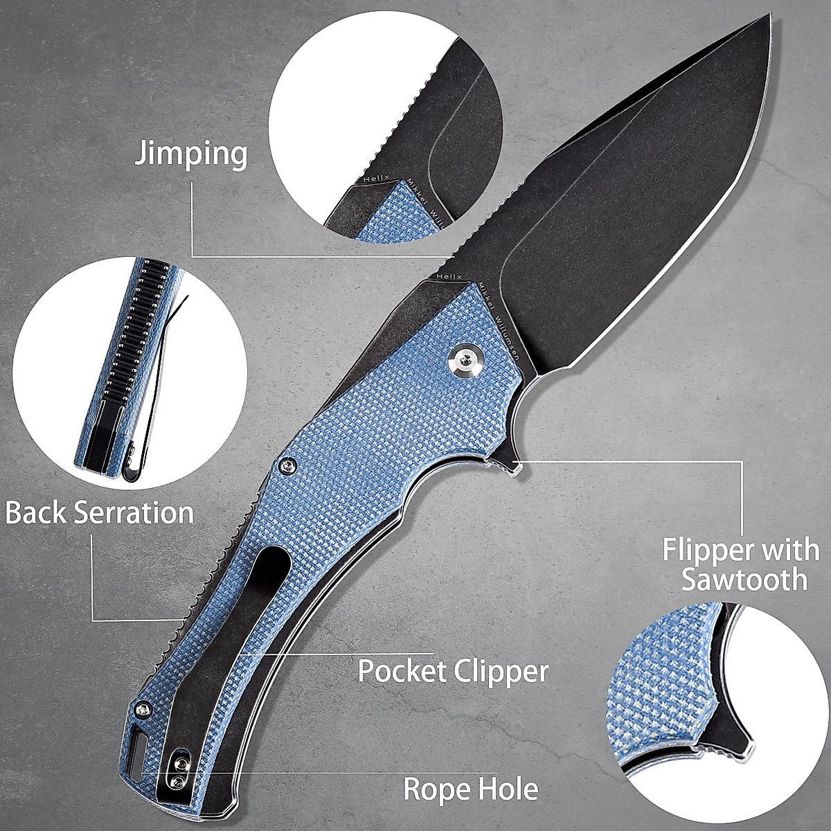 KANSEPT Hellx Pocket Folding Knives Button Lock for Men EDC Pocket Knife 3.6'' Black Stonewashed D2 Blade Excellent Folding Knife with Blue Micarta Handle EDC Knife T1008F3