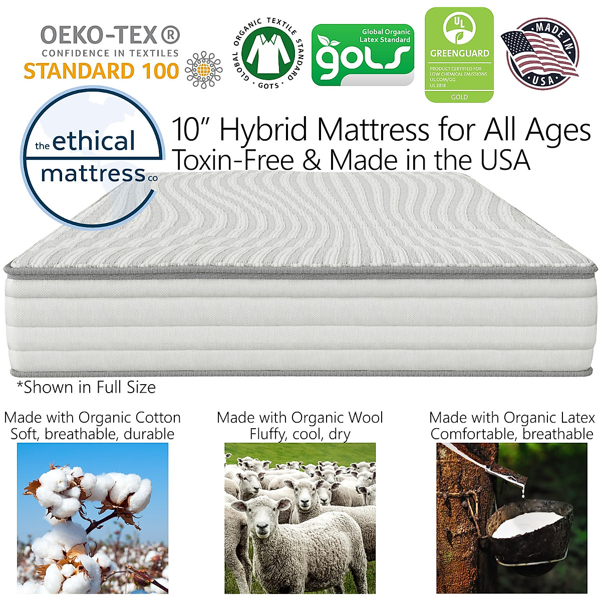 Ethical Mattress CO 10" Toxin-Free Hybrid Mattress, Made in USA with Organic Cotton, Wool, Latex & Pocketed Coils (Mattress-in-a-Box) Comfortable & Supportive for All Ages - King Size