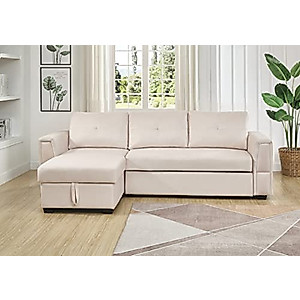Legend Vansen 91" Wide Reversible Sofabed Sectional Sofas with Chaise，Velvet Storage L-Shape Twin Size for Living Room Couch Sleeper, Cream