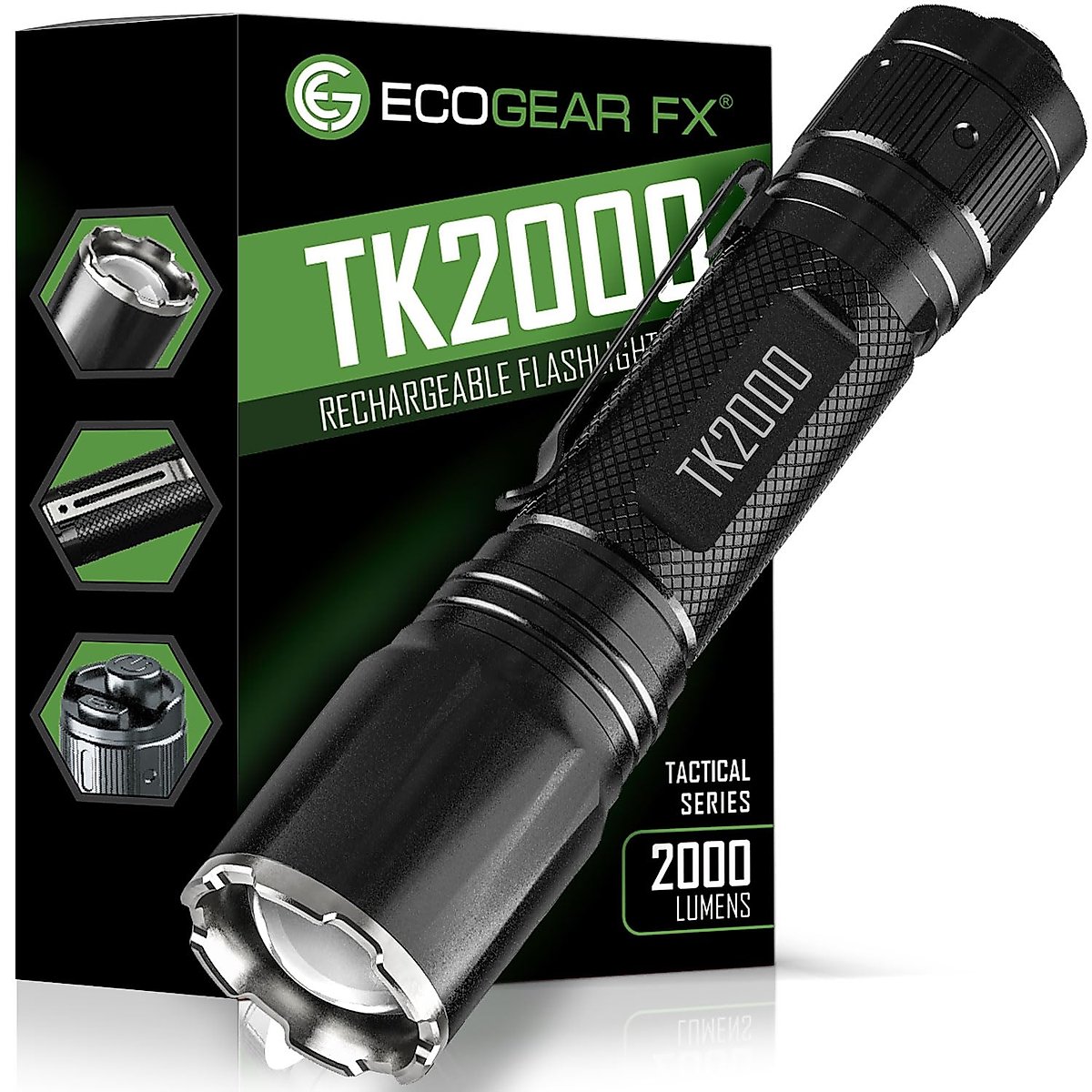 EcoGear FX TK2000 Tactical Flashlight Kit - Delivering 2000 Lumens Max, 3 Light Modes with Instant Strobe Light, Adjustable Focus Zoom, USB Rechargeable with a 5000mAh High Power Battery