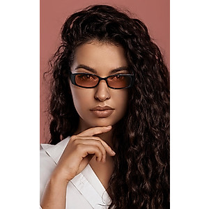 Veda Tinda Vision Trendy Retro Rectangle Sunglasses for Women 80s 90s Y2k Style Narrow Sunnies Cool Vintage Black Frame Brown Lens Sun Glasses UV400 Protection C62S04