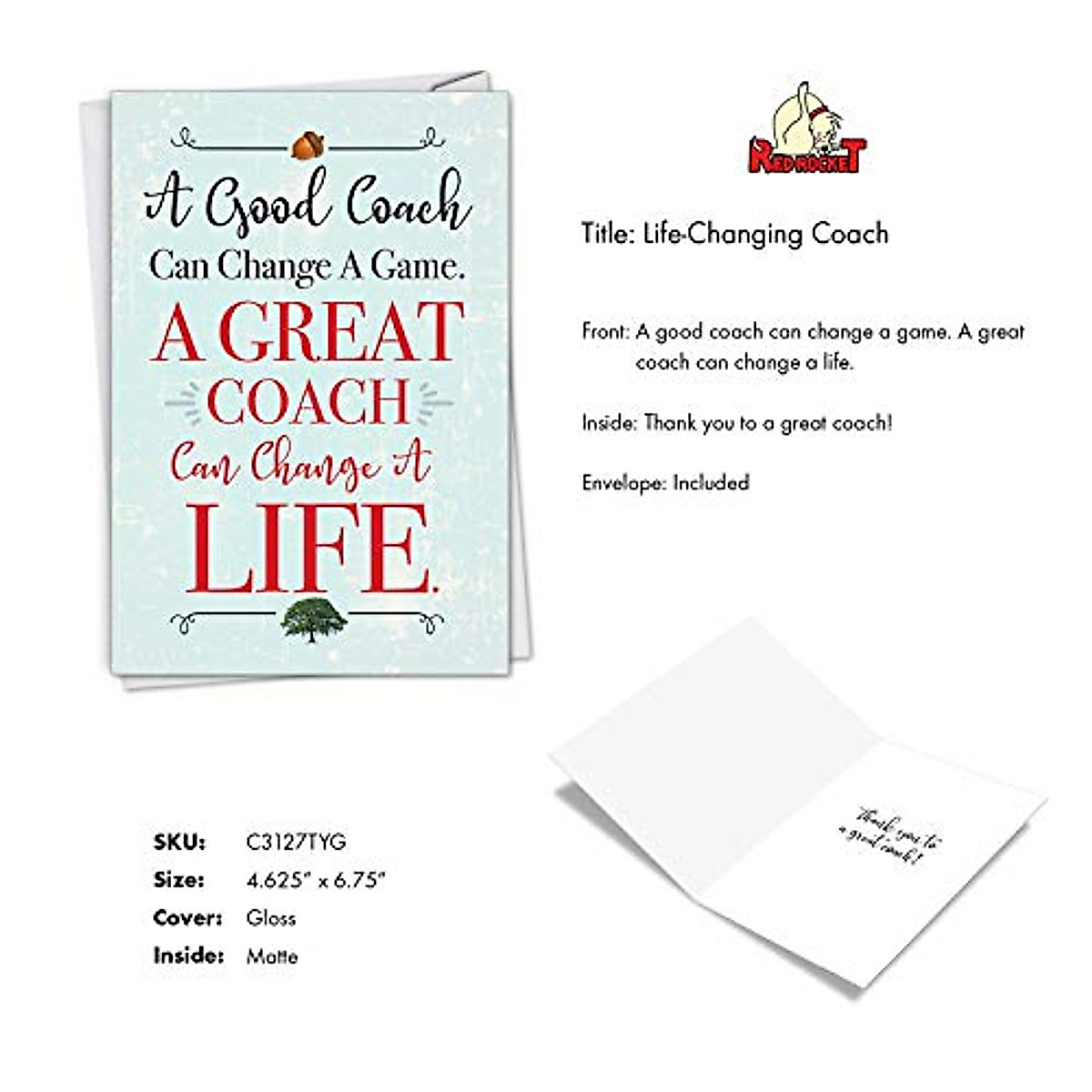 NobleWorks - 1 Thank You Notecard for Teacher - Team Sports Gratitude, Student Athlete Appreciation Card with Envelope, Notes for Mentors and Instructor - Life-Changing Coach C3127TYG