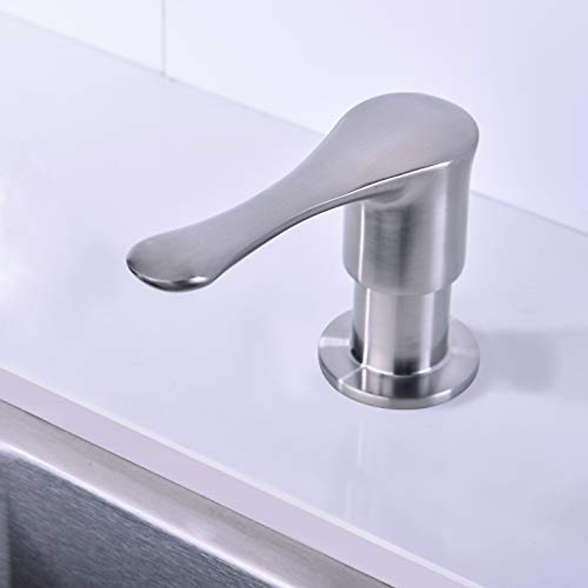 Kitchen Sink Soap Dispenser Brushed Nickel BZOOSIU Solid Brass Pump Head Sink Refillable Bottle, Spot Resist Stainless