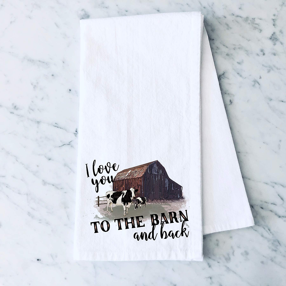 I Love you to the Barn and Back Rustic Cow Farm Flour Sack Cotton Tea Towel Kitchen Linen