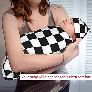 Ykklima Baby Newborn Swaddle Blanket with Beanie Hat- Black White Race Checkered Flag Pattern Receiving Blanket Sleep Sack for Girls Boys Infant Gifts