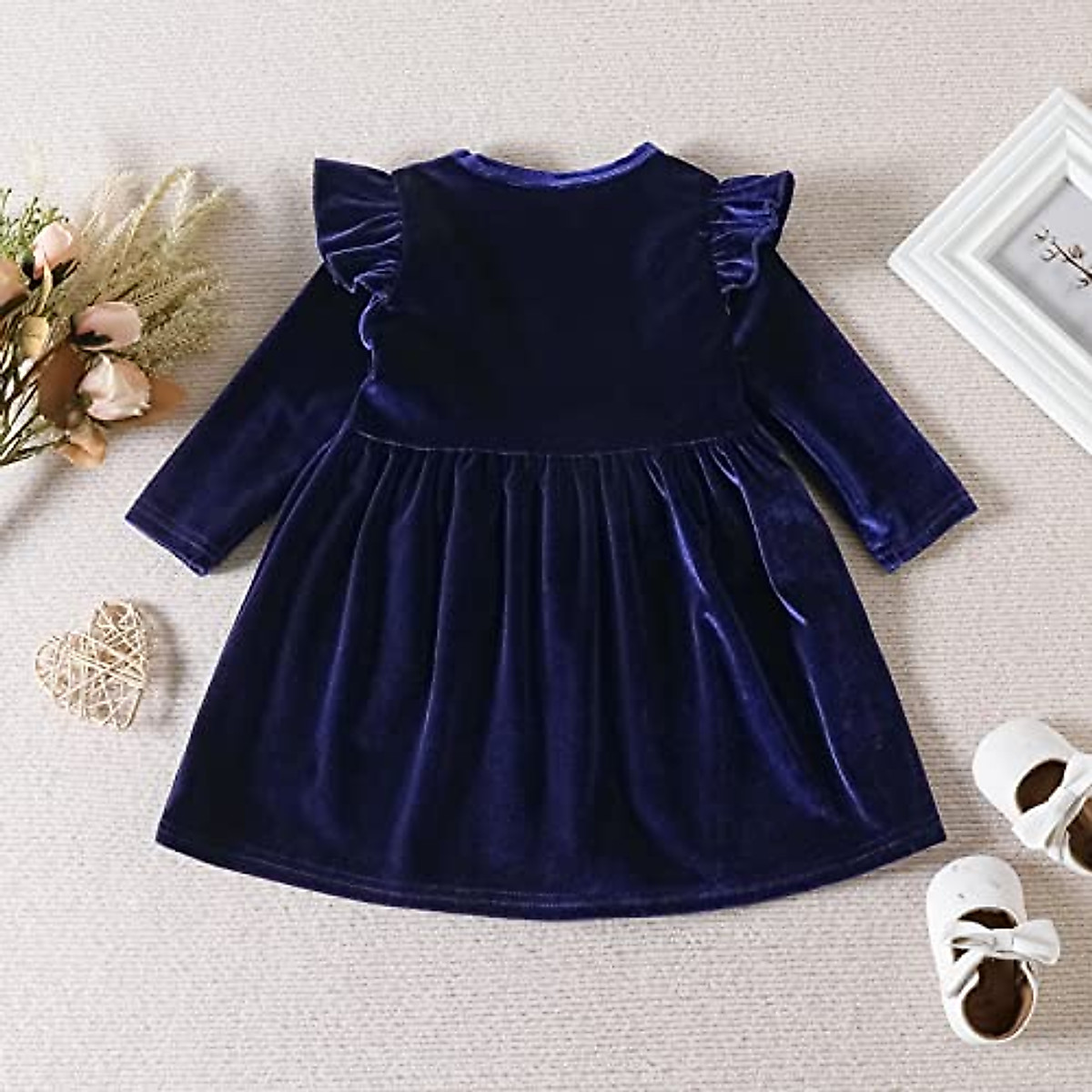 Toddler Baby Girls Velvet Tutu Dress Ruffle Long Sleeve Princess Pageant Christmas Party Wedding Dresses Fall Winter Clothes Infant Kids Birthday Holiday Playwear Dresses Outfit Navy Blue 12-18 Months