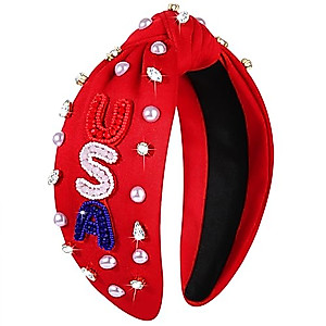 CEALXHENY Crystal Pearl Knotted Headbands - Patriotic Hair Accessory for Women, American Flag Outfits for Independence Day, Memorial Day Party Favors (USA-Red)