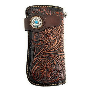 Large Concho and Print Flora Genuine Leather Women's Trifold Wallet/Cellphone Case with Exrta Wrist in 3 colors (Brown)