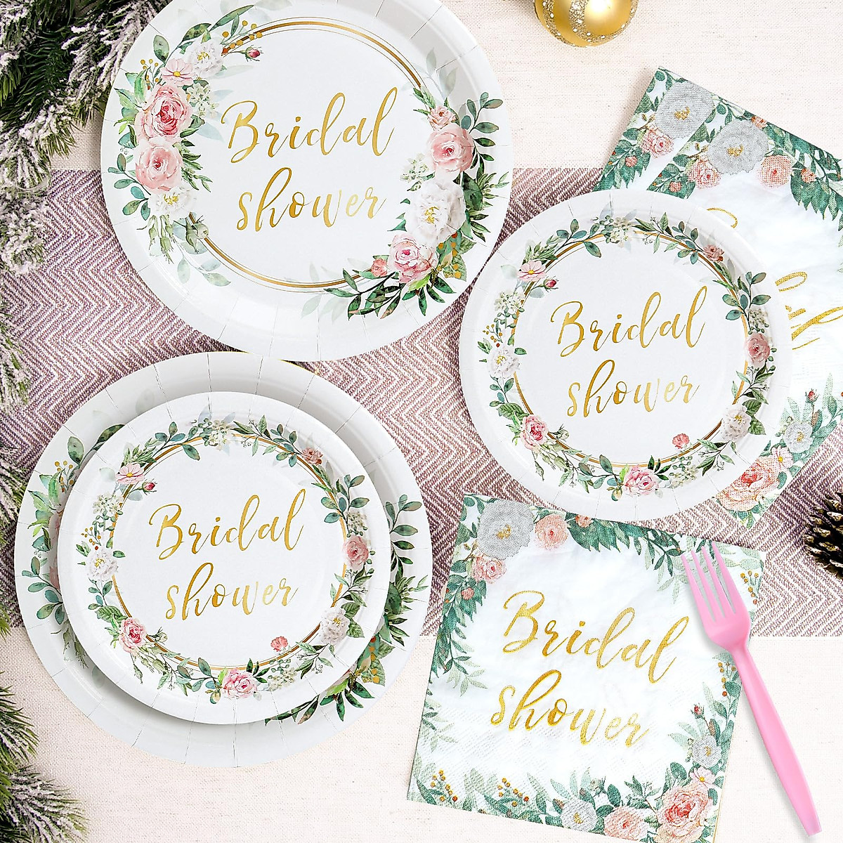 QIFU Bridal Shower Decorations Party Tableware - Pink and Gold Floral Paper Plates,Dessert Plates,Napkins and Forks Sets for 24 Guests, Celebrate the Bride-to-be Bachelorette Party Supplies
