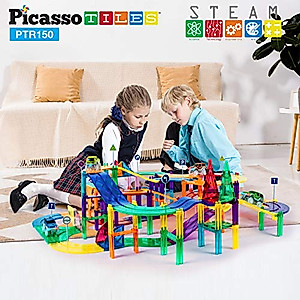 PicassoTiles 150 Piece Race Car Track Building Block Educational Toy Set Magnet Tile Magnetic Blocks Playset 4 Cars Early STEM Learning Construction Kit Hand-Eye Fine Motor Skill Brain Training PTR150