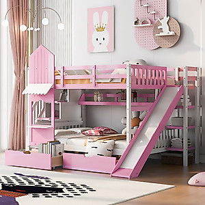 Harper & Bright Designs Full Over Full Bunk Bed with Stairs and Slide, Solid Wood Bunk Bed Frame with Storage Drawers and Bookshelf, for Kids Teens Girls Boys (Pink)