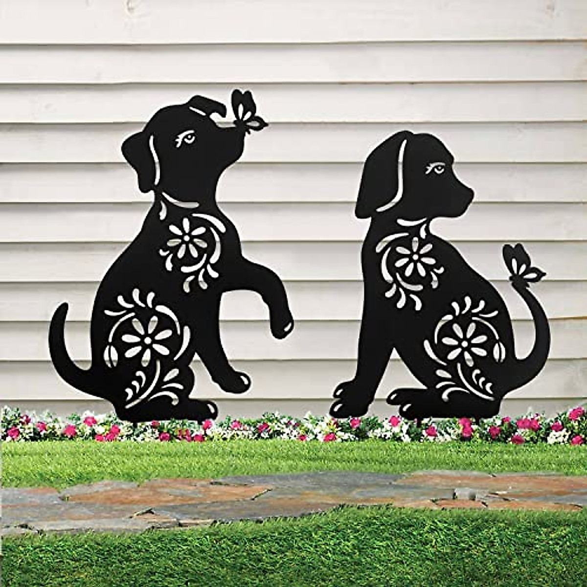 Stake Garden Metal Dog Garden Stakes, Yard Decor Art Lawn, Outdoor Home Decor Animal Silhouette Statues, Set of 2