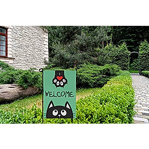HOSNYE Welcome Black Cartoon Cat Burlap Garden Flag Double Sided Black Cat Paw Print with Red Hearts Garden Flags 12x18 inch for Yard Outdoor Decor