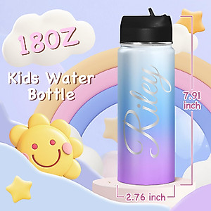 Purefly Personalized Water Bottles for Kids for School With Name or Text Custom Insulated Stainless Steel Sports Water Bottle with Straw and Handle for Girls and Boys Straw Lid Back to School Gift