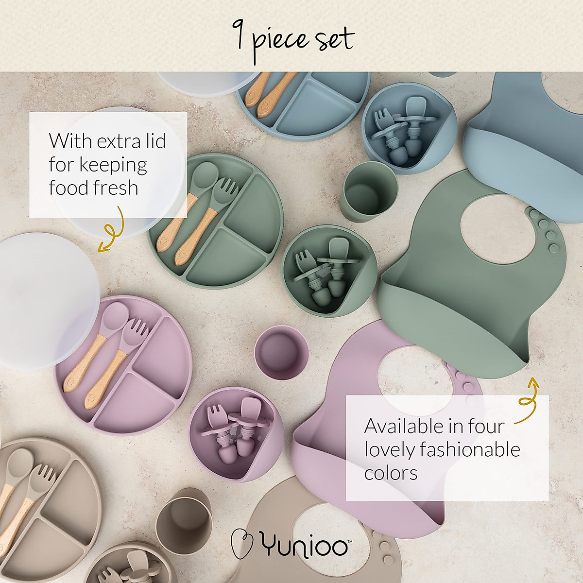 Yunioo Extra Heavy Silicone Baby Feeding Set Essentials, Premium 9-Piece Set of Baby Led Weaning Supplies with Silicone Baby Plate with Lid, Superior Suction Bowl and Baby Utensils - Green