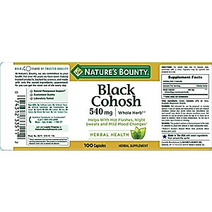 Nature's Bounty Black Cohosh Root Pills and Herbal Health Supplement, Natural Menopausal Support, 540 mg, 100 Capsules, Gelatin. Contains <2% of: Silica,Vegetable Magnesium Stearate.