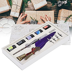 Hztyyier 5 Bottles Colorful ink Writing Gift Box Kit(Purple) Calligraphy Feather Pen Set Glass Ink Feather Fountain Pen with Replaceable Nib School Supplies