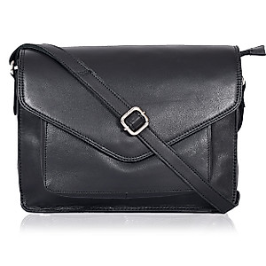 Leather Flapover Crossbody Handbag Purse for Women with Adjustable Strap & Overflap Snap Closure Tote/Bag (Black NDM)