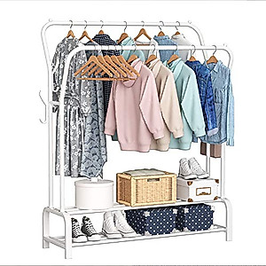 YAYI Garment Rack Clothes Rack Freestanding Hanger Double Rails Bedroom Clothing Rack With 2-Tier Lower Storage Shelf,White